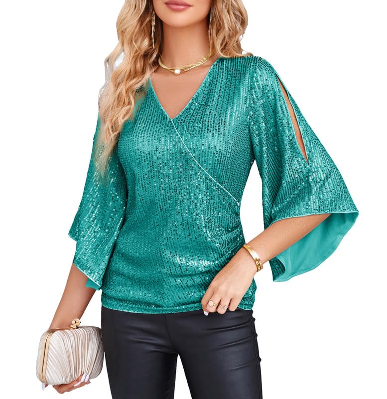 GRACE KARIN Womens Sequin Tops 3/4 Sleeve Glitter Sparkly Party Blouse ...
