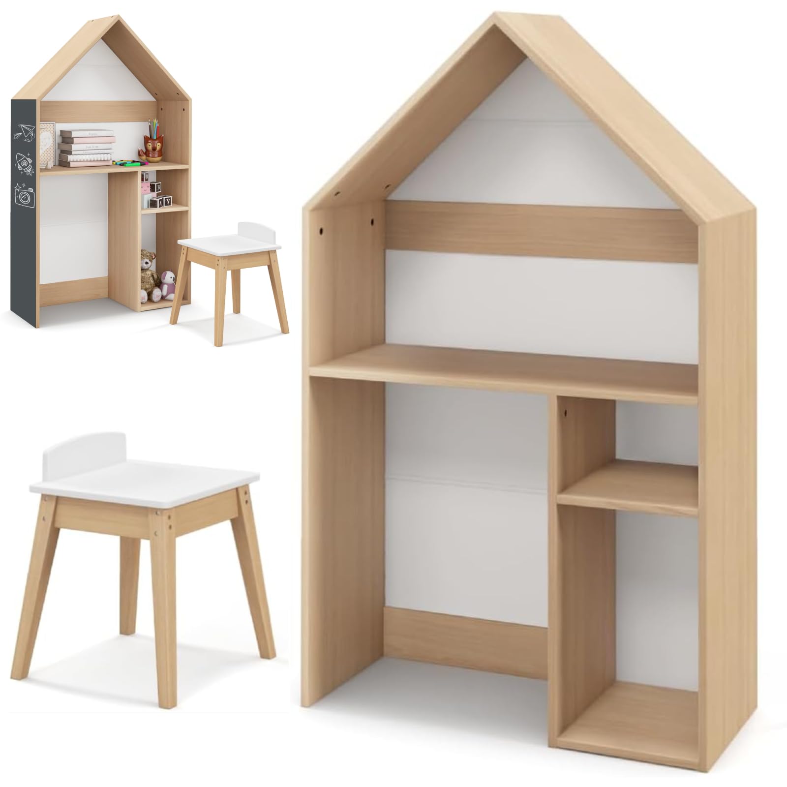 GYMAX Kids Desk and Chair Set, Wooden Toy Storage Organizer with ...