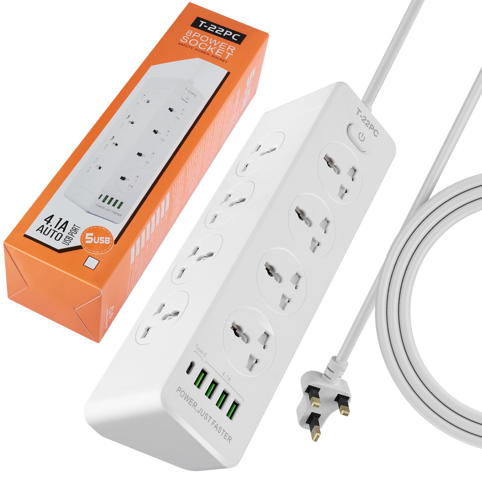 Extension Lead with USB Slots, 8 Way Universal Outlets Power Strip with ...