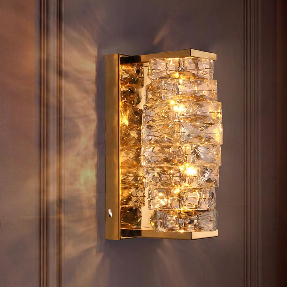 HuisMier Gold Crystal Wall Sconce, Modern Dimmable LED Sconces Wall ...