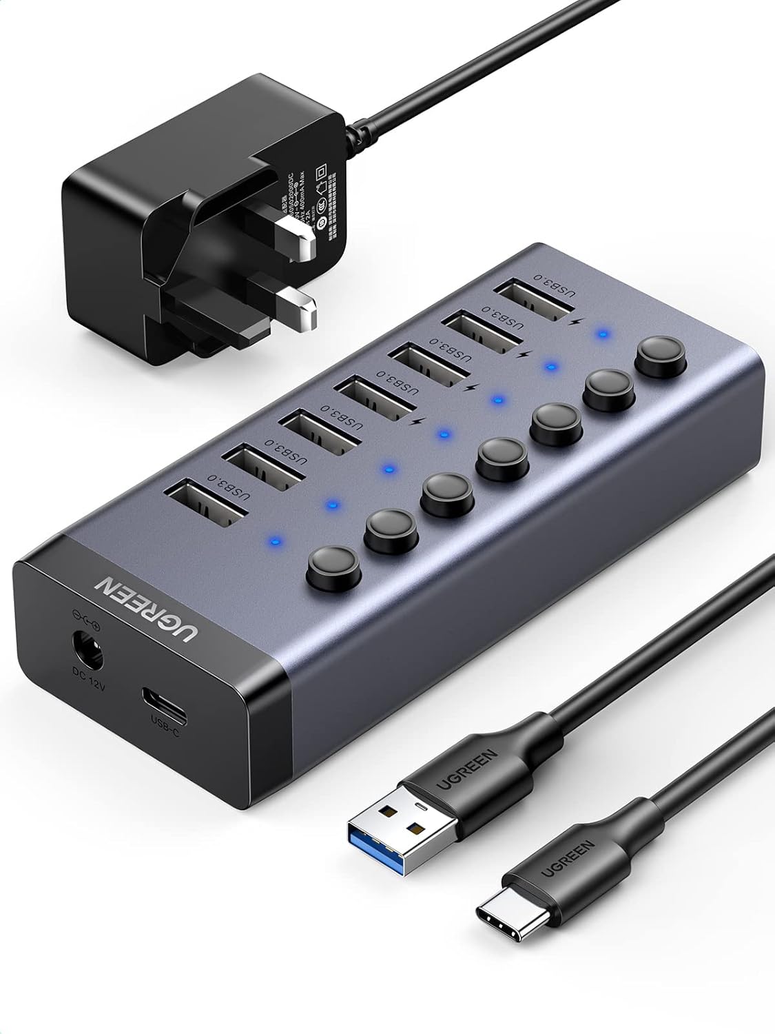 UGREEN Powered USB Hub 3.0, 7-Ports USB Charging Extender Data Hub (12V ...