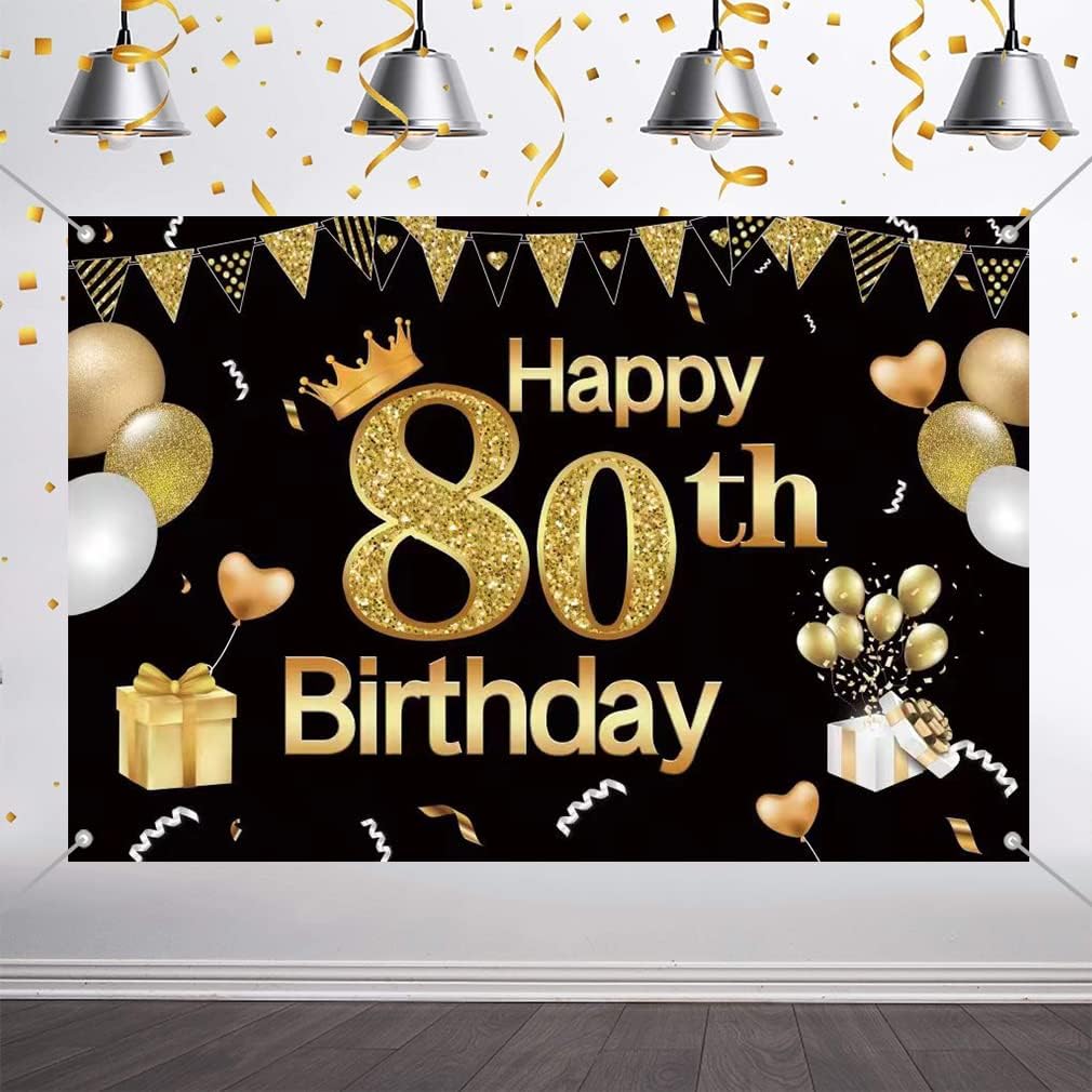 Tecreo 80th Birthday Decorations Happy 80th Birthday Backdrop Black ...