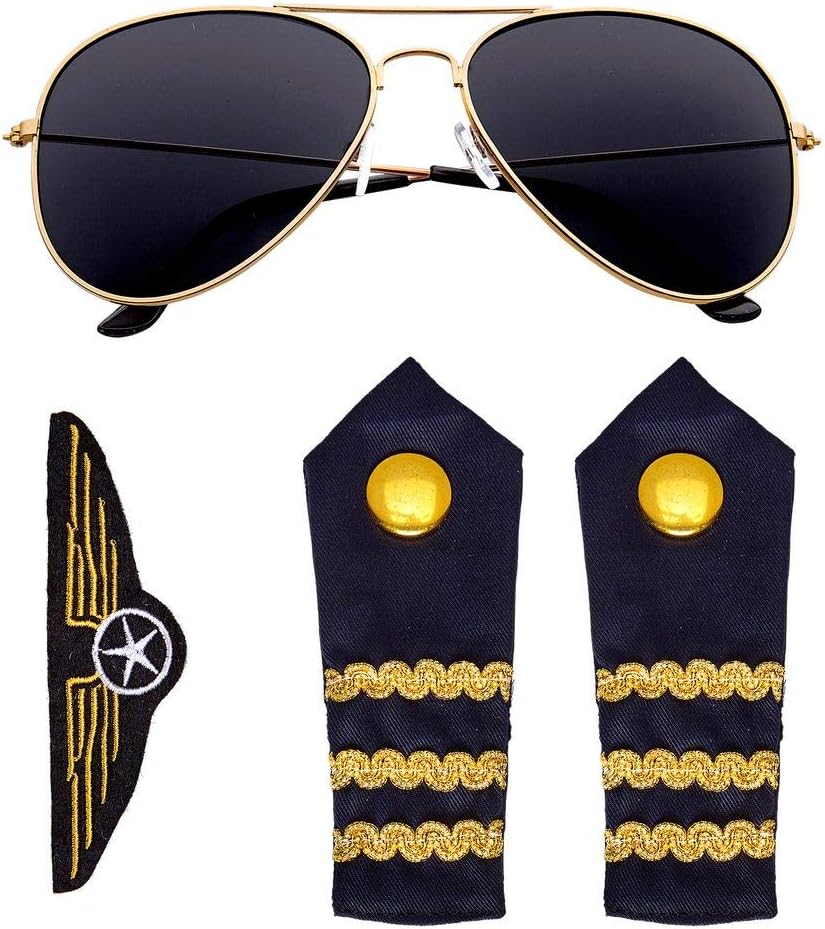 shoperama Piloten-Set Brille Kette Schulterklappen Abzeichen Flug ...