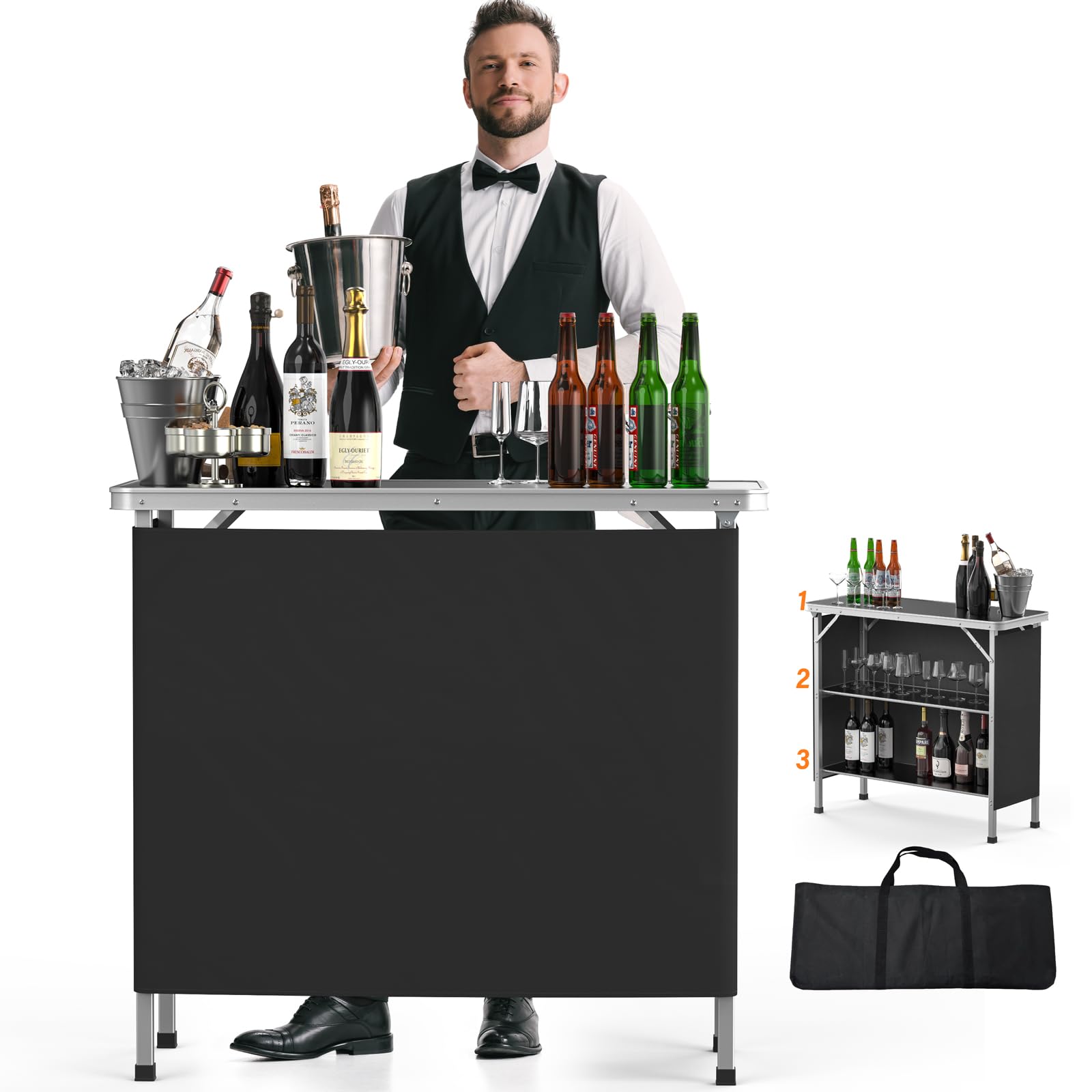 Amazon.com: VINGLI Portable Bar Table, 3-Tier Shelves, Mobile Bar Table ...