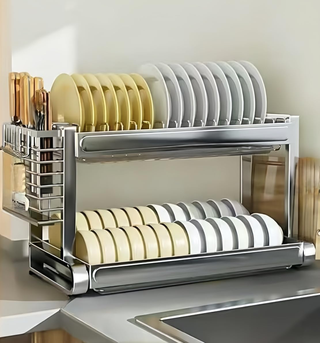 Amazon｜304ステンレス製 水切りラック 2/3段式 食器 水切りかご ディッシュラック 水切りかご キッチン収納ラック 大容量 包丁スタンド まな板ラック 箸立て付き 滑り止め ...
