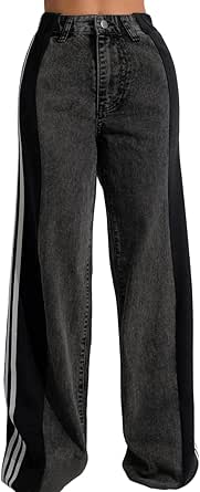 MNRWNVMG Women's Patchwork Stripes Two Tone Jeans High Waist Loose ...