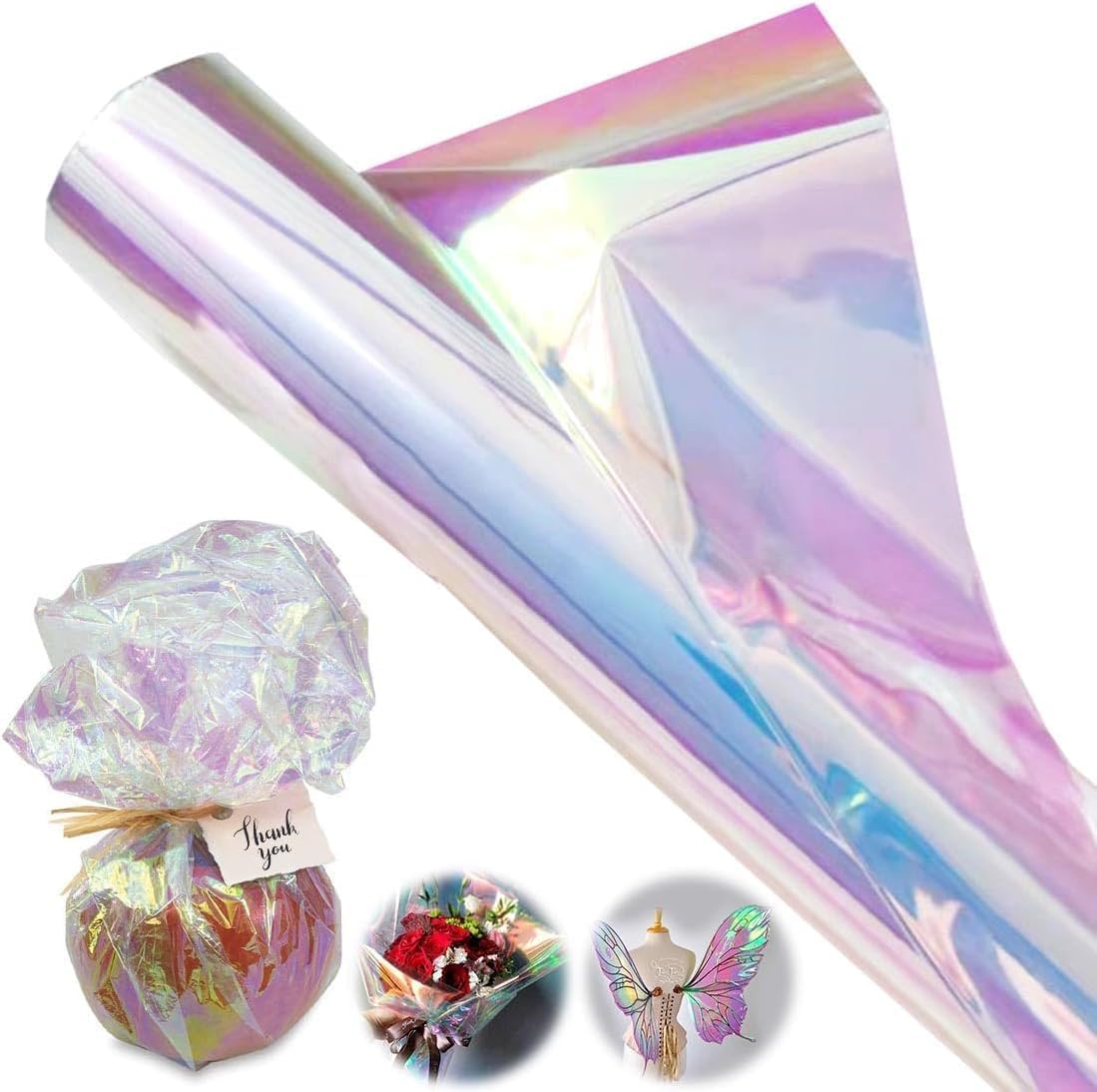 BetterJonny 50ft Iridescent Cellophane Wrap Roll, Rainbow Cellophane ...