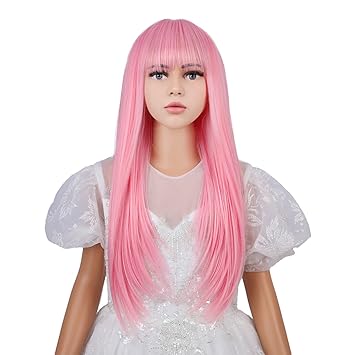 Amazon.com : WAVELNM Pink Wigs Kids Long Light Pink Wig with Bangs Long ...