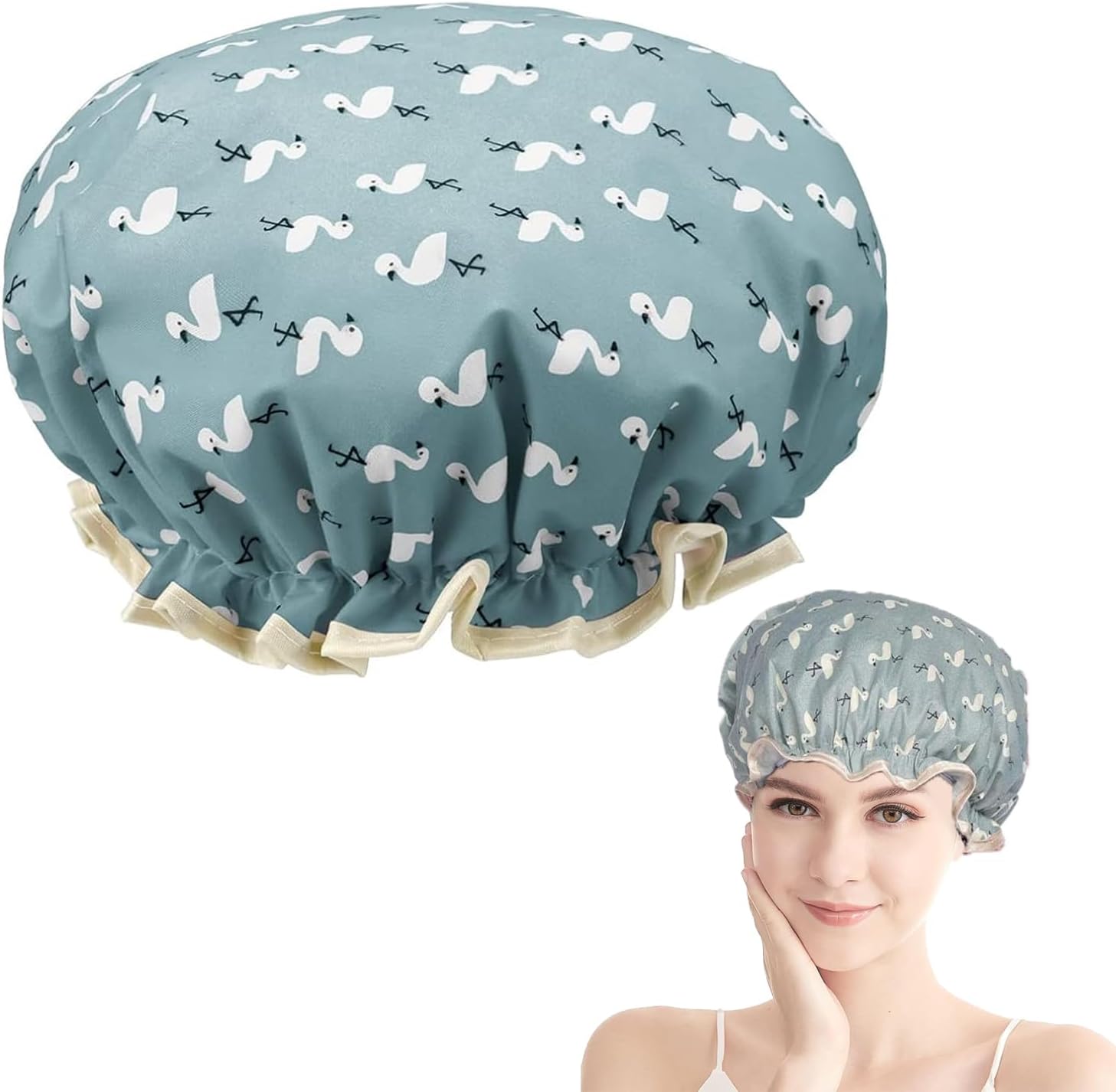 Double Layer Shower Cap for Women Waterproof Reusable Elastic Band ...
