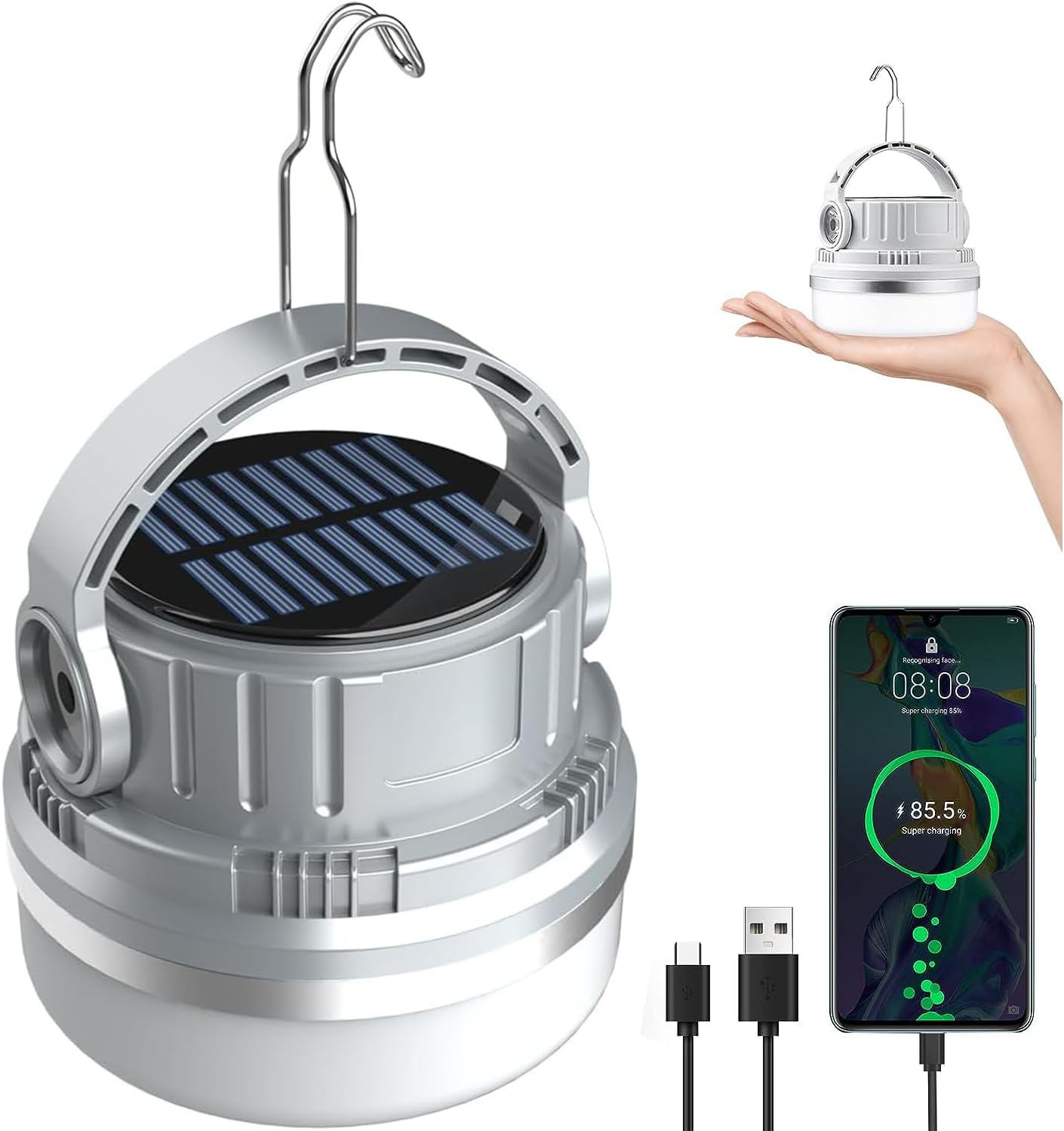 DaybreakAura Solar Camping Lantern, 1800LM USB Rechargeable Solar ...