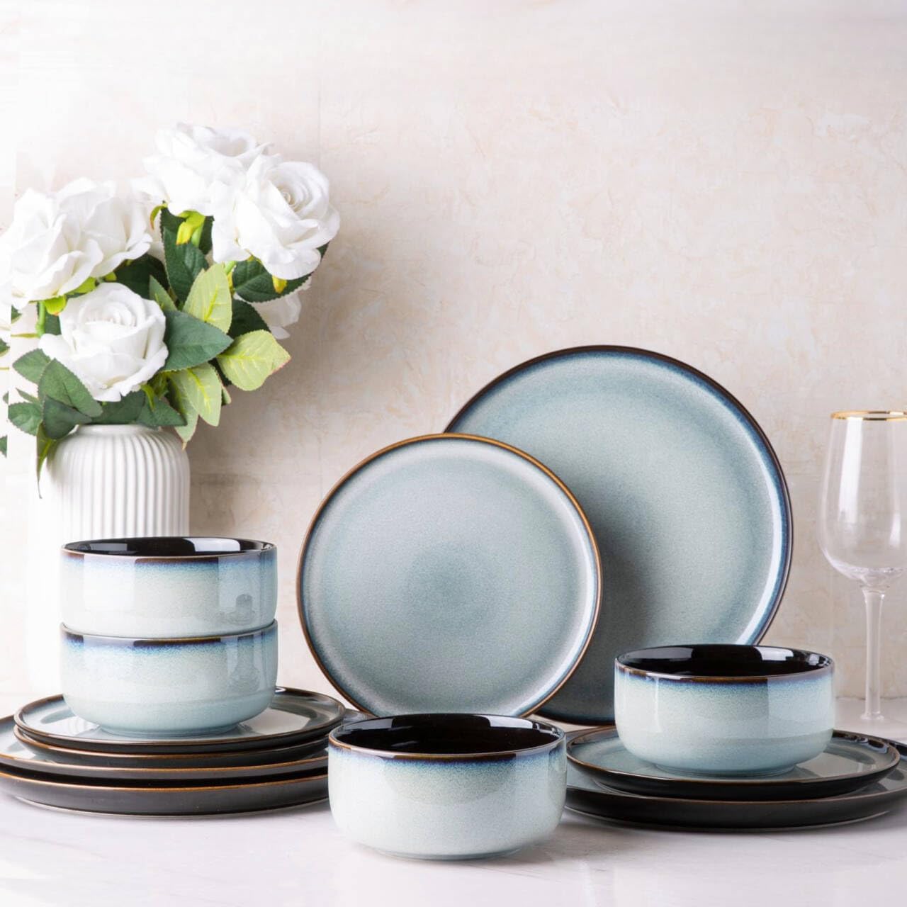 LERATIO Ceramic Dinnerware Sets of 4,Poreclain Plates and Bowls Sets ...