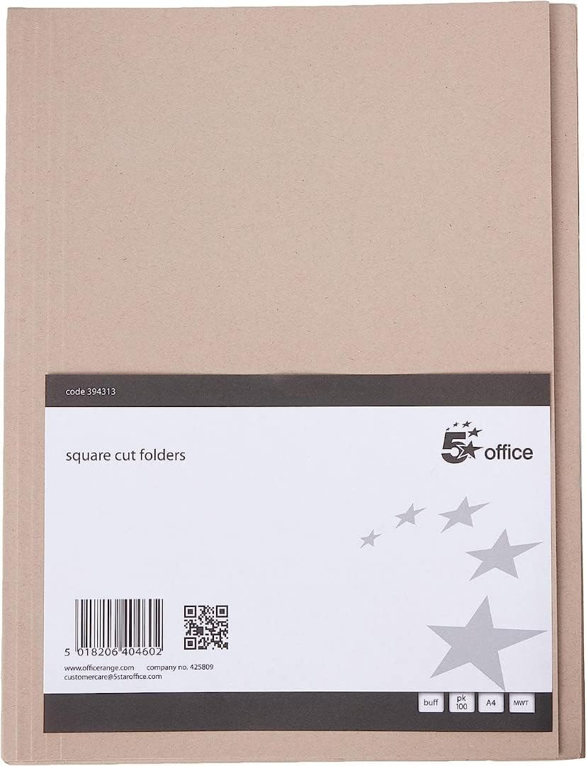 5 Star Office Square Cut Folder Recycled Pre-punched 250gsm A4 Buff ...