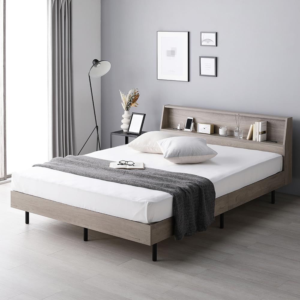 Amazon｜RASIK ベッド シングル フレームのみ グレージュ 棚付き コンセント付 木製 すのこ 北欧 お客様組立 FICUS フィカス｜ベッドフレーム オンライン通販