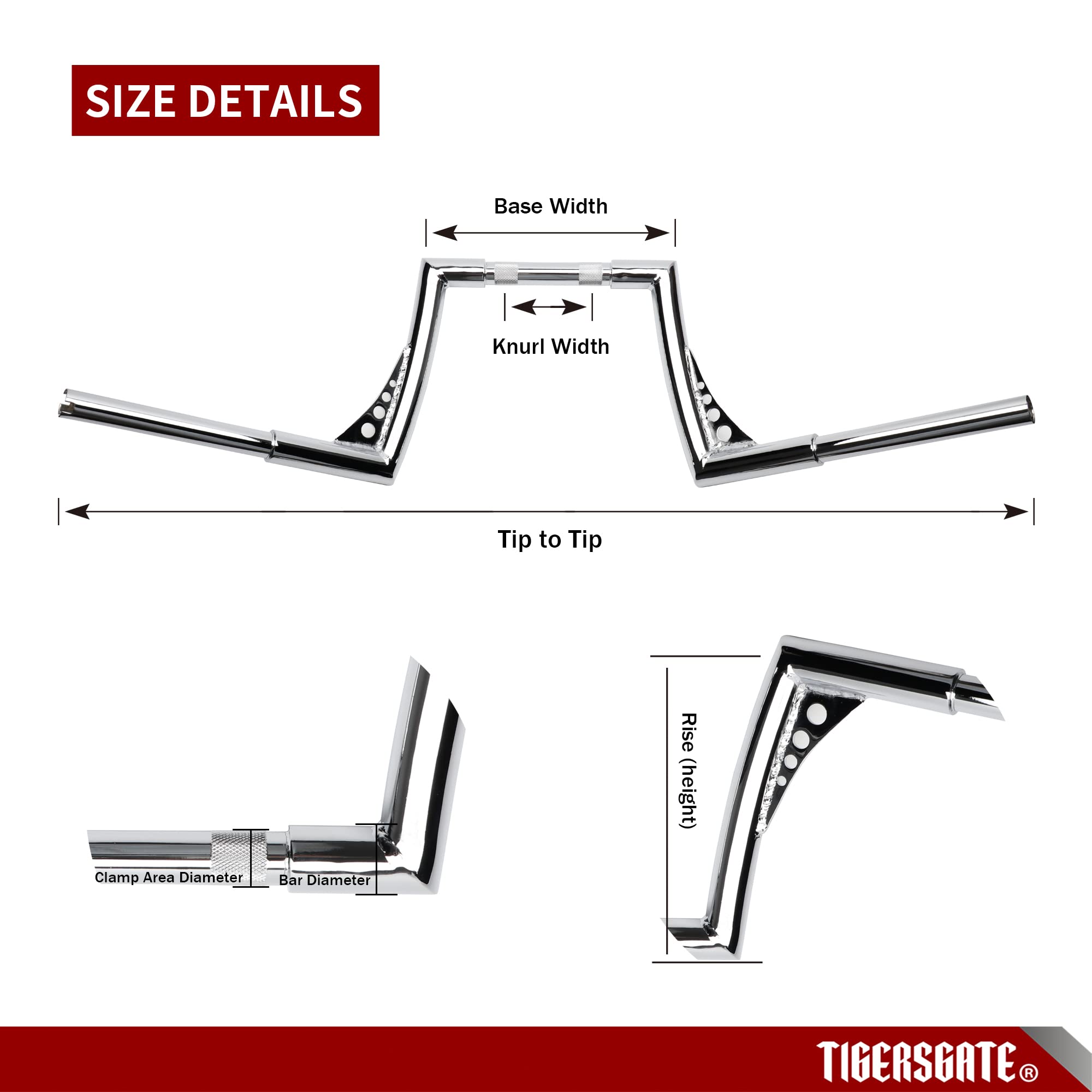 TIGERSGATE 1-1/4" Fat Chrome Rise Ape Hangers Handlebar 12-Inch Z bar ...