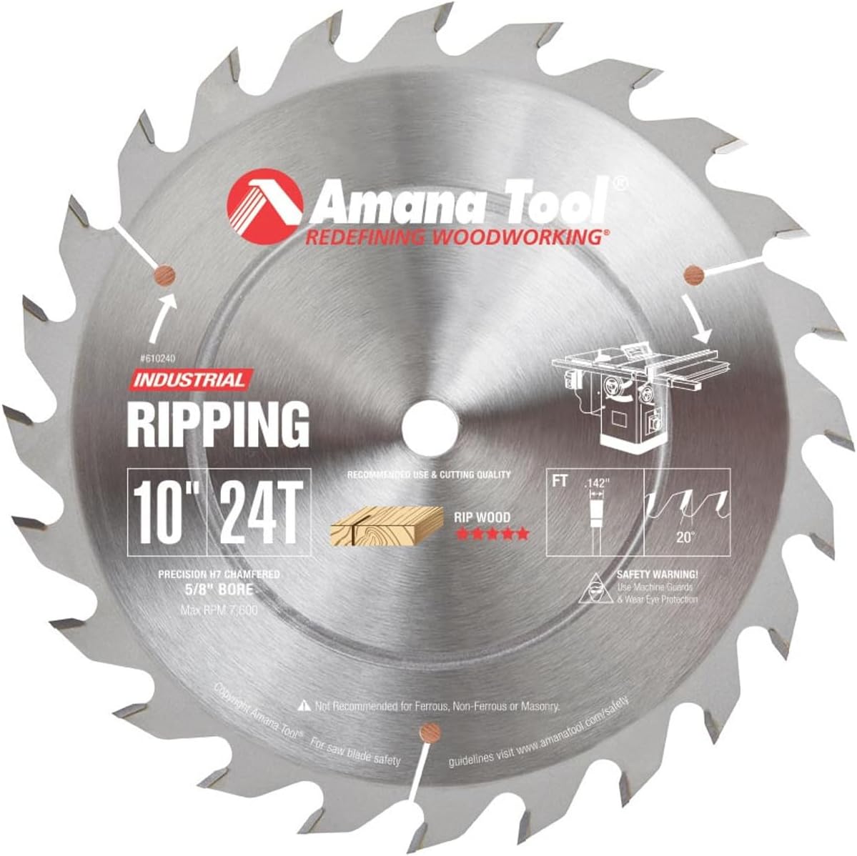 Amana Tool - 610240 Carbide Tipped Ripping Standard 10" Dia x 40T', 20 ...