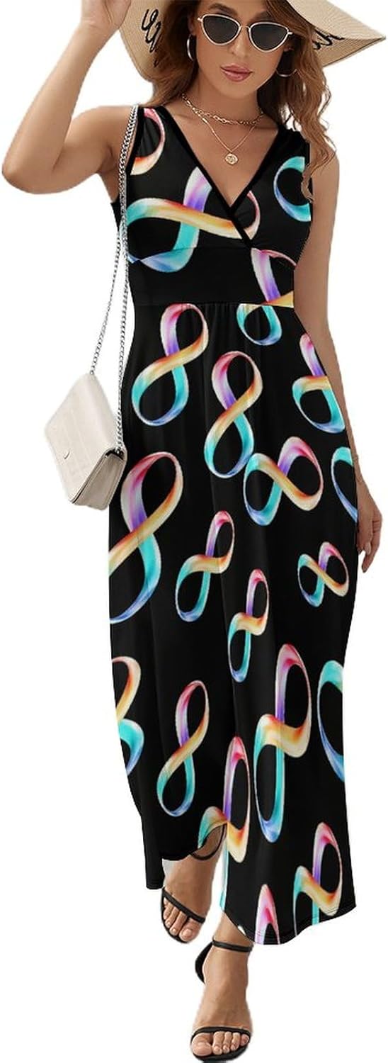 Infinity Symbol Women's Sleeveless Dress Sexy V Neck Loose Maxi Dresses ...