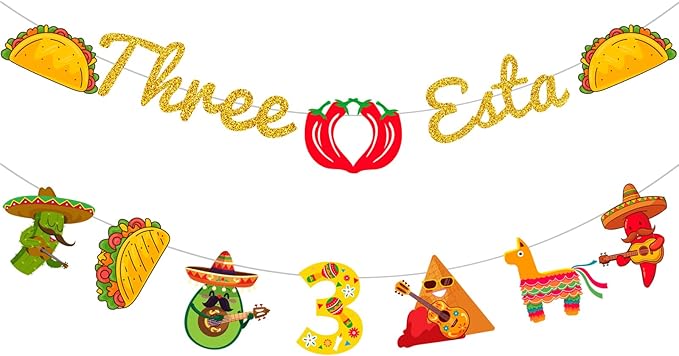 Amazon.com: Three Esta Birthday Party Decorations, Gold Glitter Three ...
