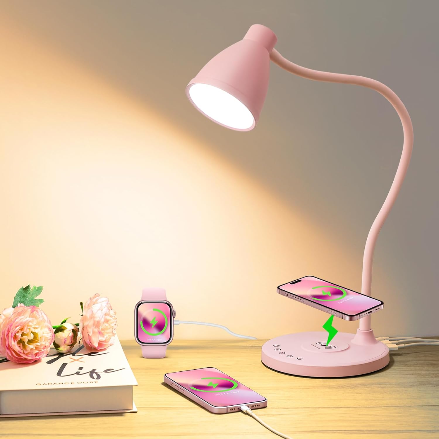 BOHON Cute Desk Lamp with USB C+A Charging Ports, Wireless Charger Pink ...