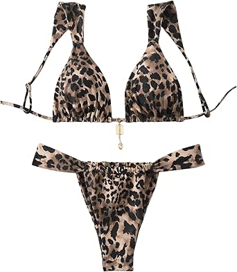 GORGLITTER Women's Leopard Print Swimsuits Tie Back Triangle Thong ...