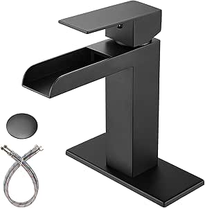 Hiweer Waterfall Bathroom Sink Faucet Matte Black Deck Mount Single Hole Bathroom Faucet Single ...