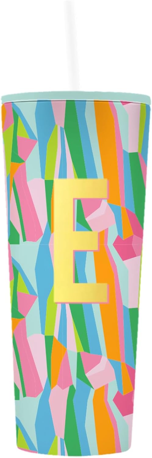 Amazon.com | Mary Square Monogram E Colorful Floral 24 ounce Acrylic ...
