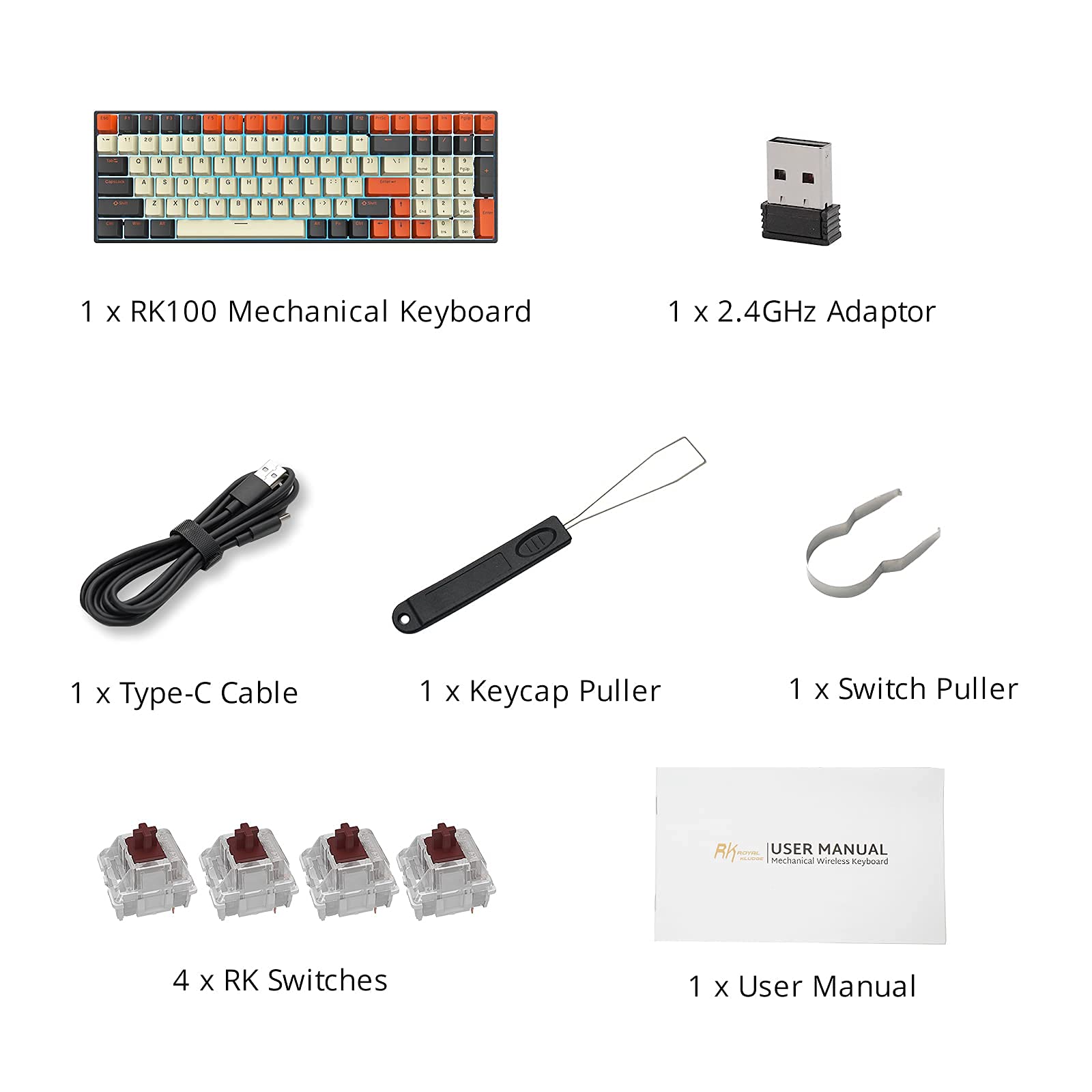 RK ROYAL KLUDGE RK100 Wireless Mechanical Keyboard, Bluetooth5.1/2.4G ...