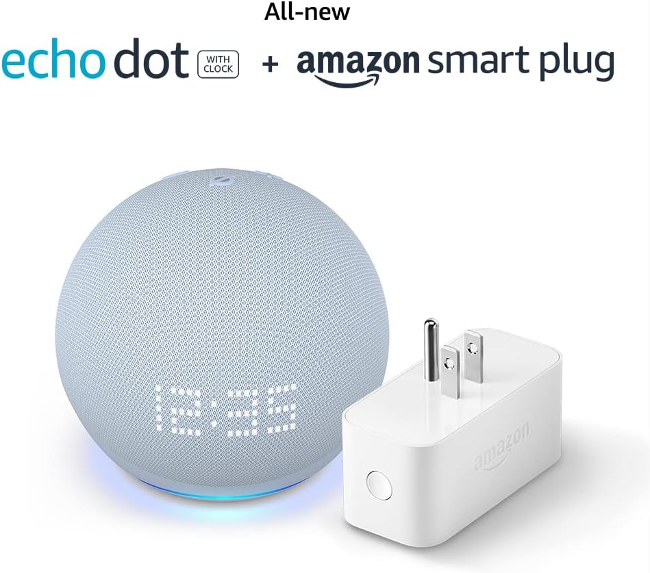 Amazon Official: All-new Echo Dot (5th Gen) with clock Cloud Blue with Amazon Smart Plug