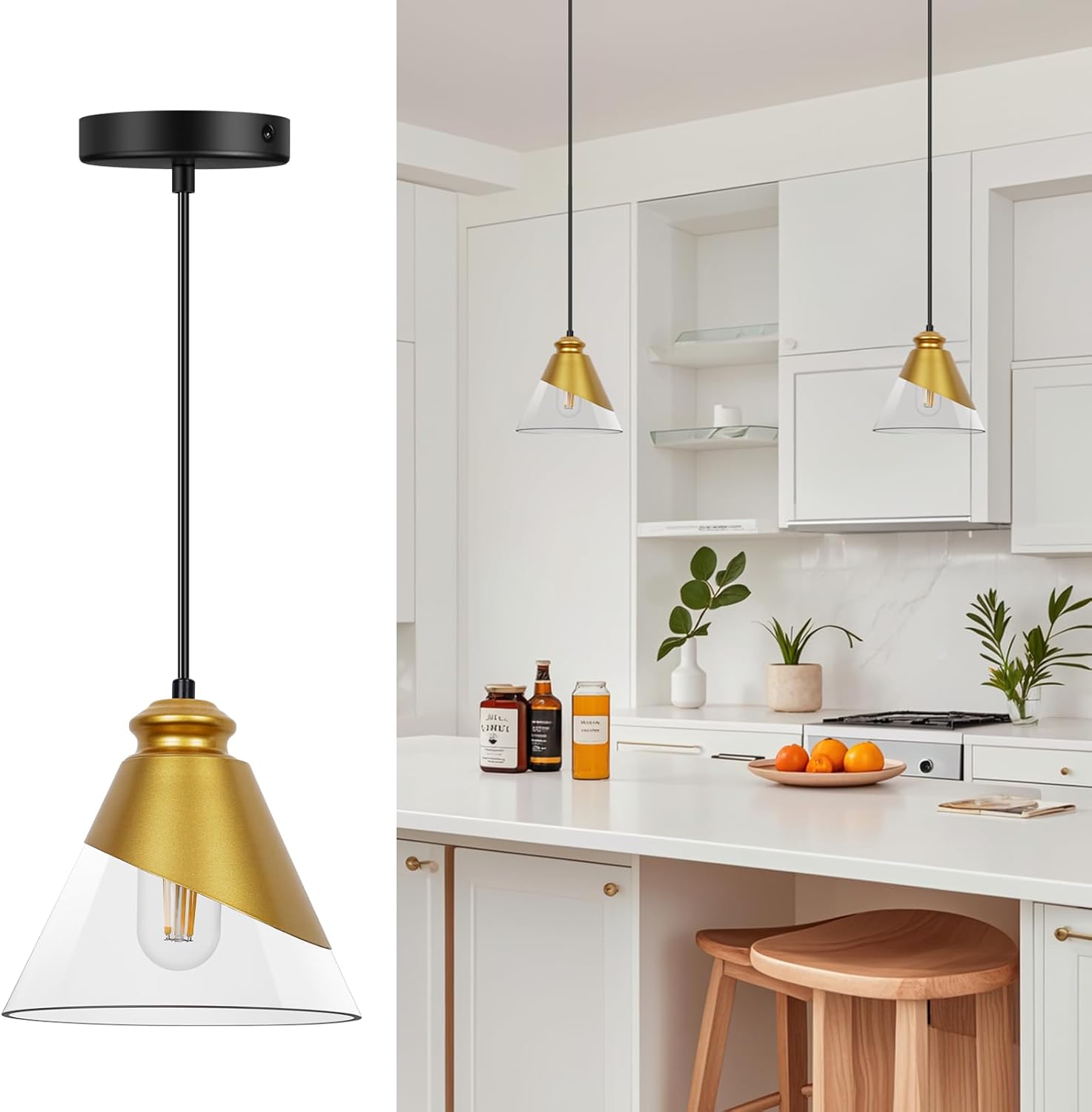 URSOLA Modern Gold Clear Glass Pendant Light Fixture,Small Single ...