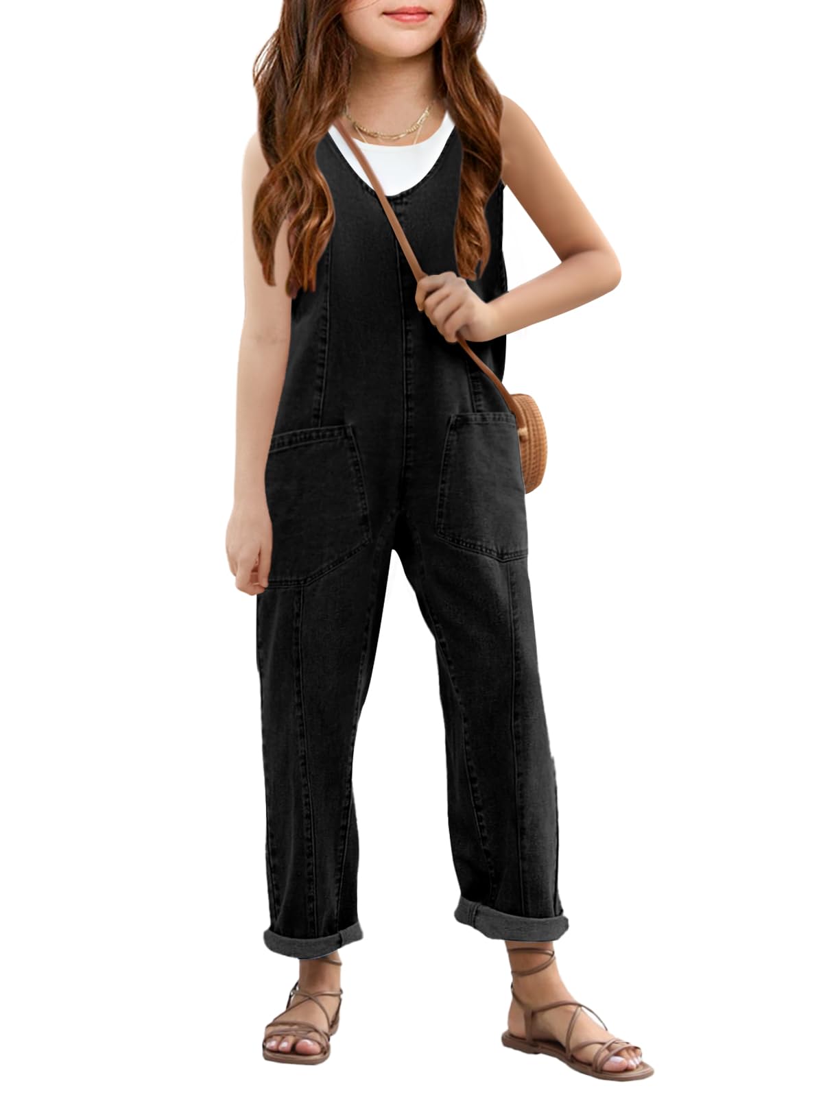 Amazon.com: Haloumoning Girls' Denim Overall Jumpsuits Sleeveless V ...