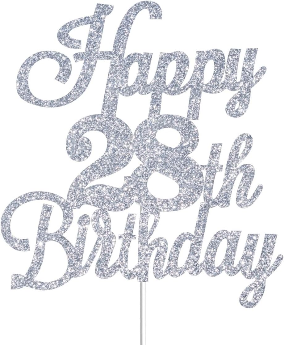 Amazon.com: Happy 28th Birthday Cake Toppers Silver Glitter, Cheers to ...