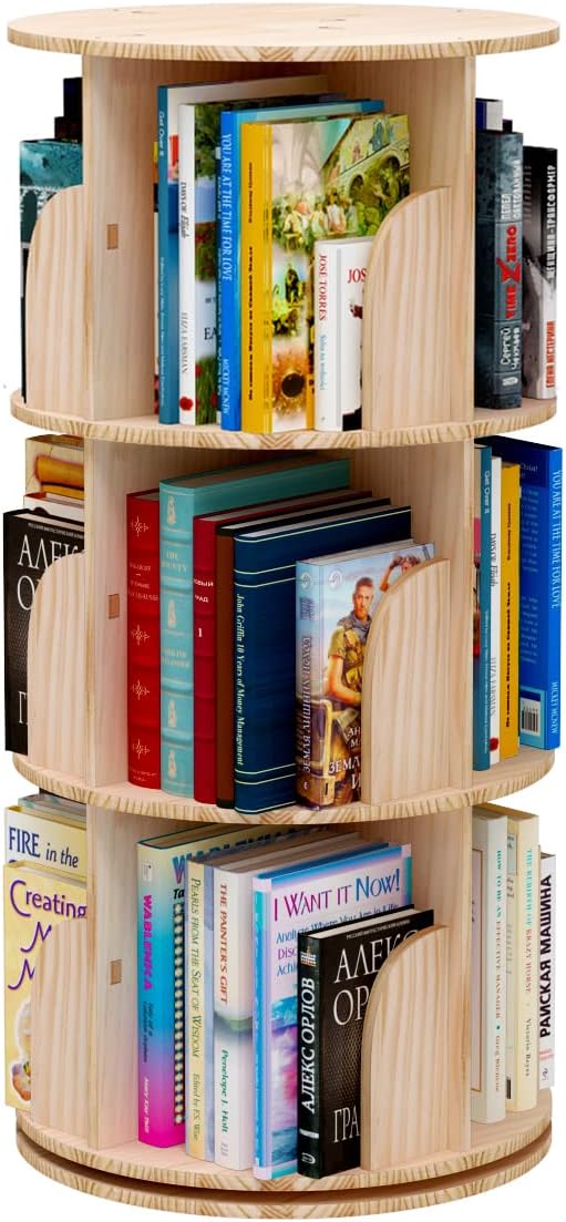 Amazon.com: NASKVOWT 3 Tier Rotating Bookshelf Wood 360 Rotating ...