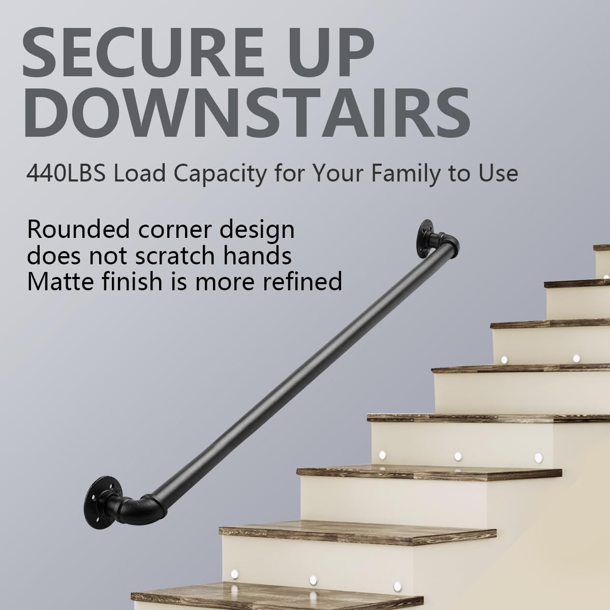 Rectoo Pipe Stair Handrail, 4 Ft Metal Staircase Handrail, Black ...