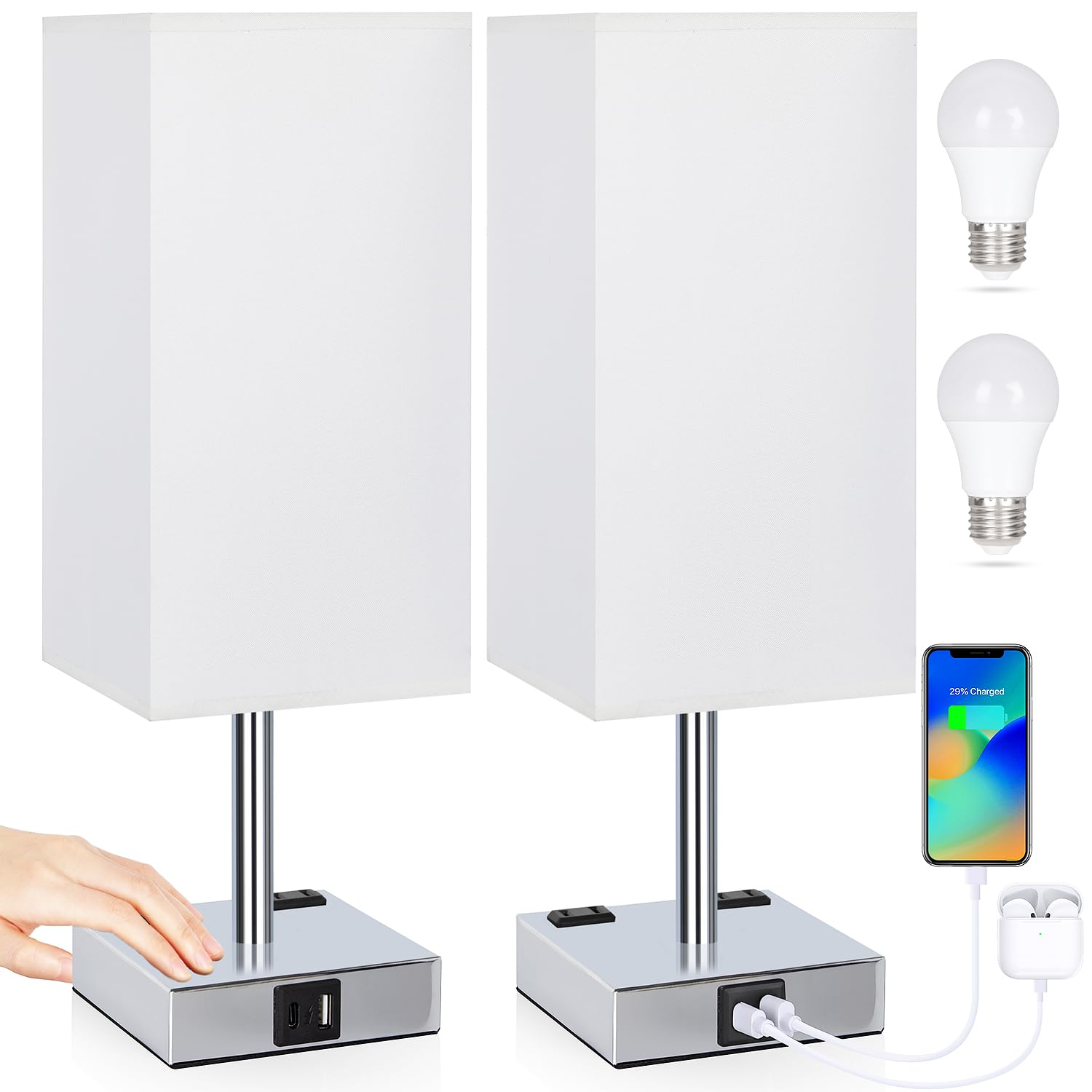 Touch Control Table Lamps Set of 2 - Nightstand Lamp for Bedroom with ...