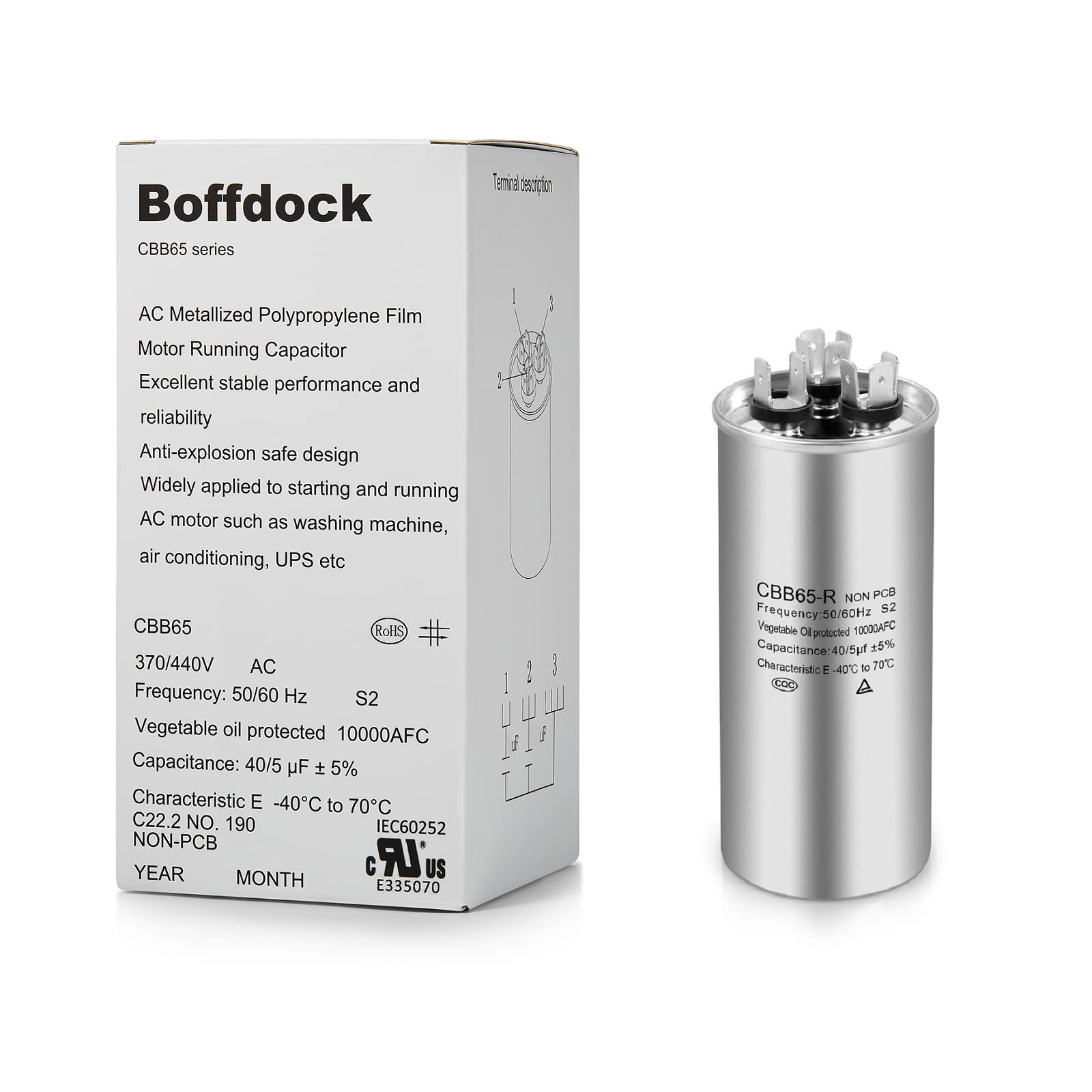 Snapklik.com : Boffdock 40+5 MFD Capacitor 5% 40/5 uF 370/440 VAC CBB65 ...