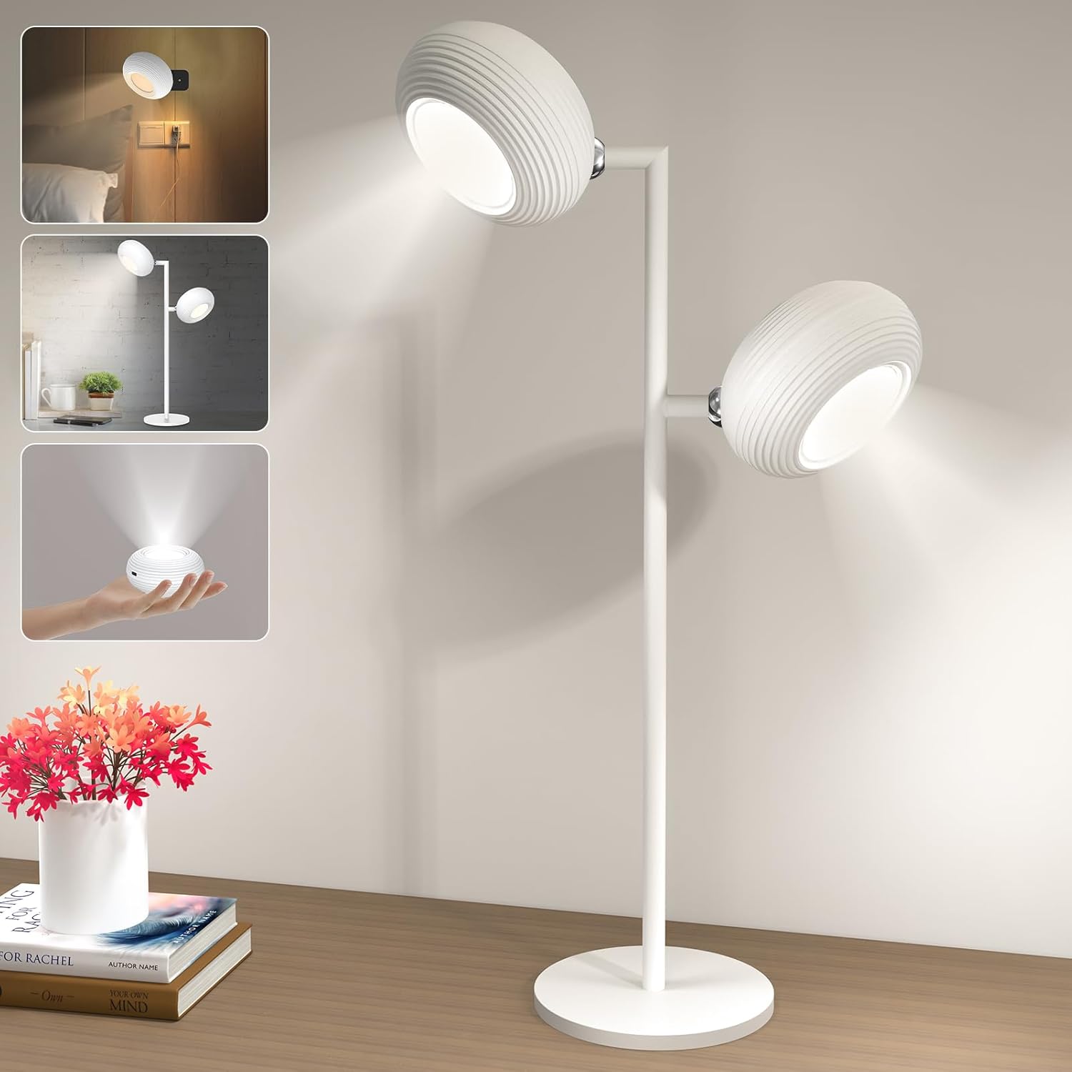 Magnetic Cordless Table Lamp Tree Lamp with 2 Rotatable Heads ...