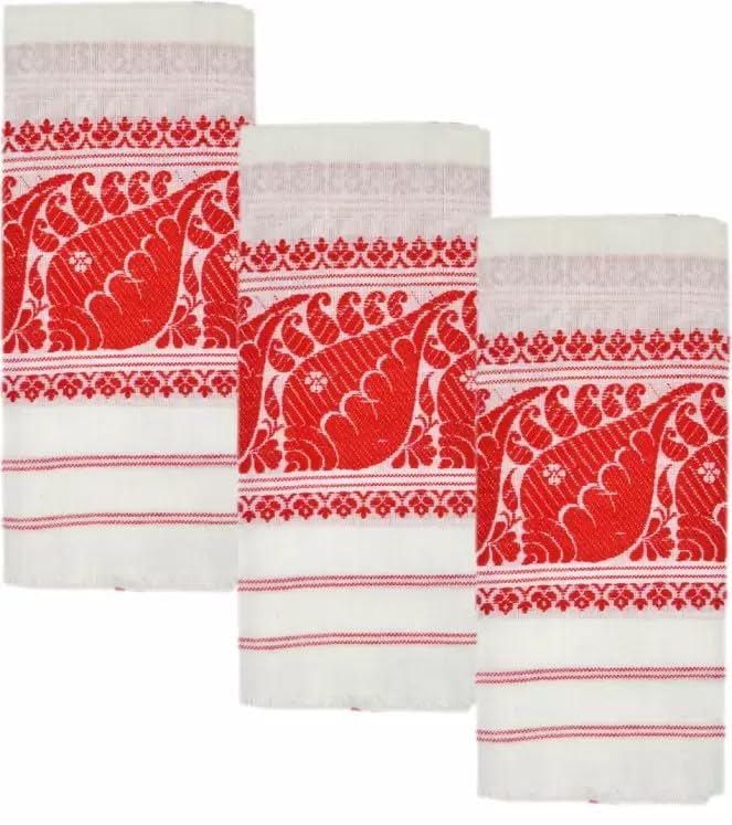 Traditional Assamese Poly Cotton Japi Design White and Red Gamusa (Pack ...