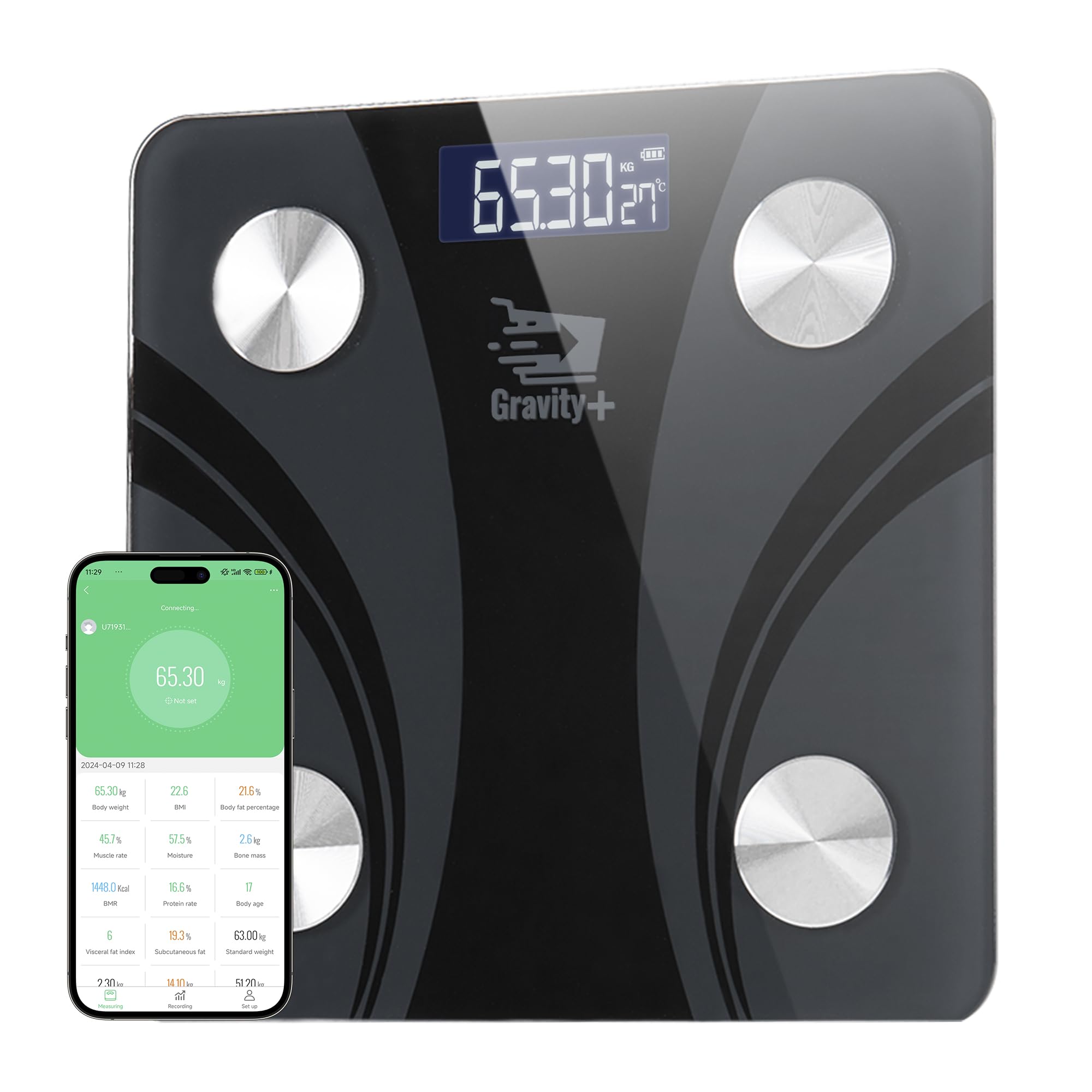 Gravity + Scale Body Weight, Weight Scale for Fat, BMI, Water, BMR, Muscle Mass with Smartphone ...