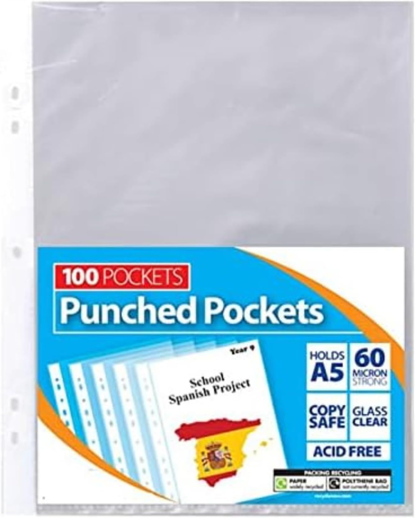 A5 Punch Pockets Clear Plastic Punched Pockets 60 Micron Filing Folders ...
