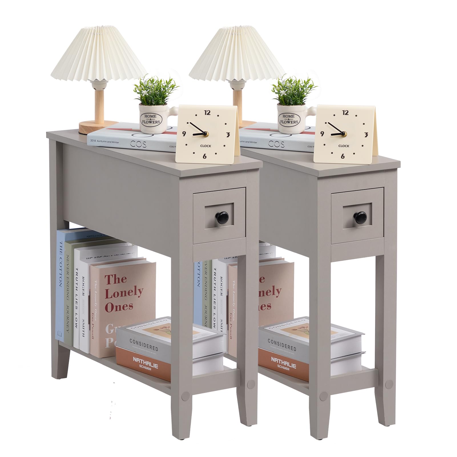 Amazon.com: LUSUOWLZ Gery 2 Pack Chairside Narrow End Table with Drawer ...