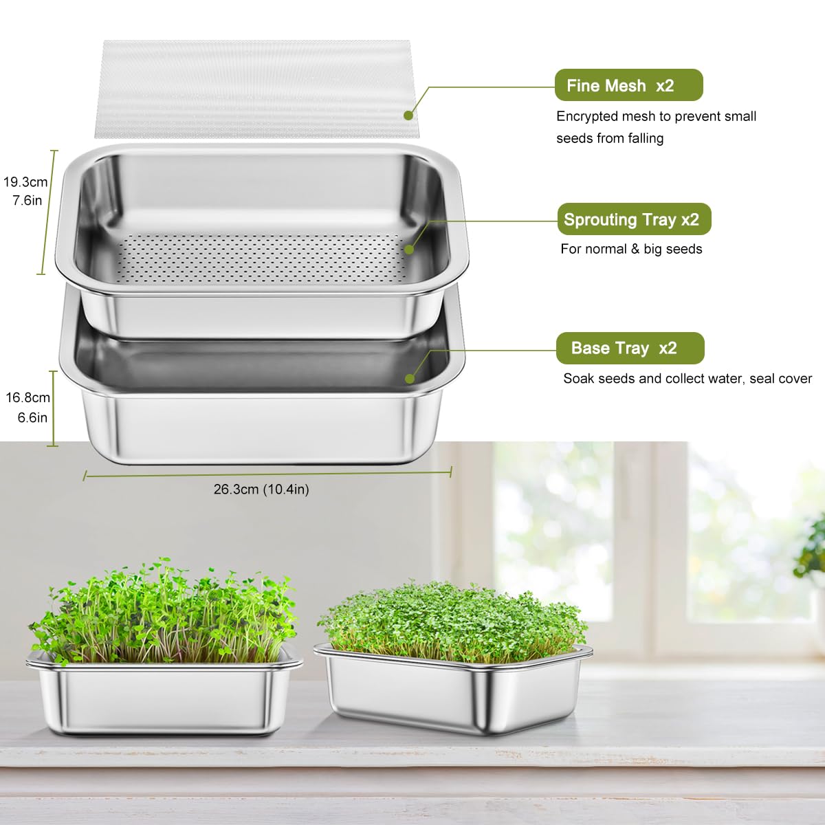 Snapklik.com : 2-Pack Sprouting Tray Kit, Stainless Steel Soil-Free ...