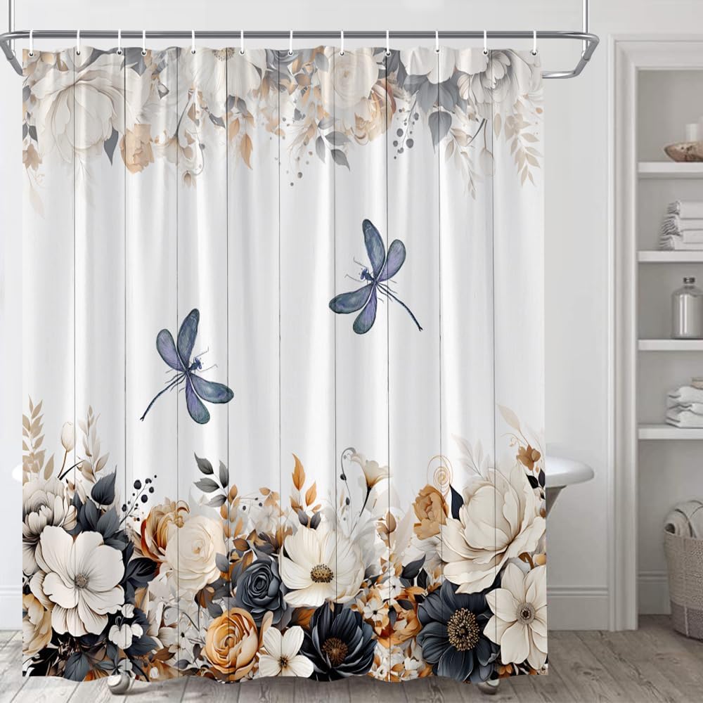 Amazon.com: Flower Dragonfly Shower Curtain Rustic Black White Floral ...