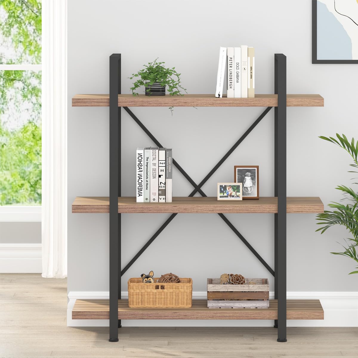 HSH Industrial 3 Tier Book Shelf, Modern Small Wood and Metal 3 Shelf ...
