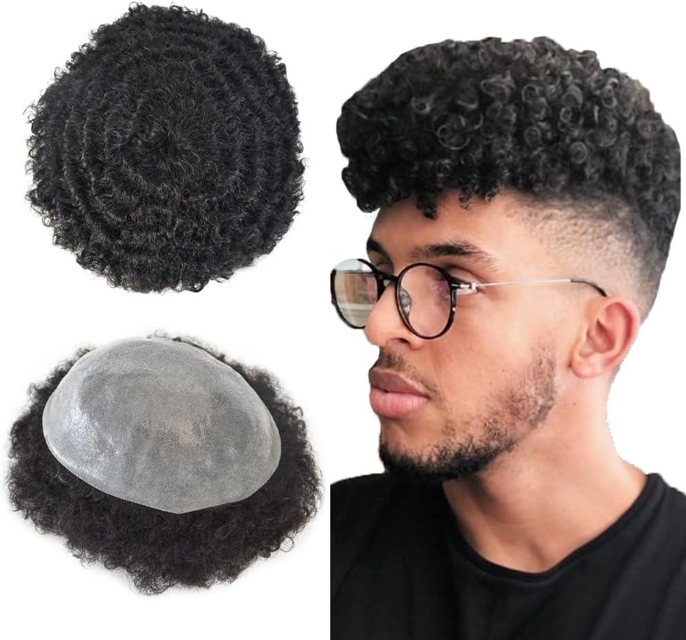 Amazon.com : Afro Toupee for Black Men Curly Afro Wave Male Hairpiece ...
