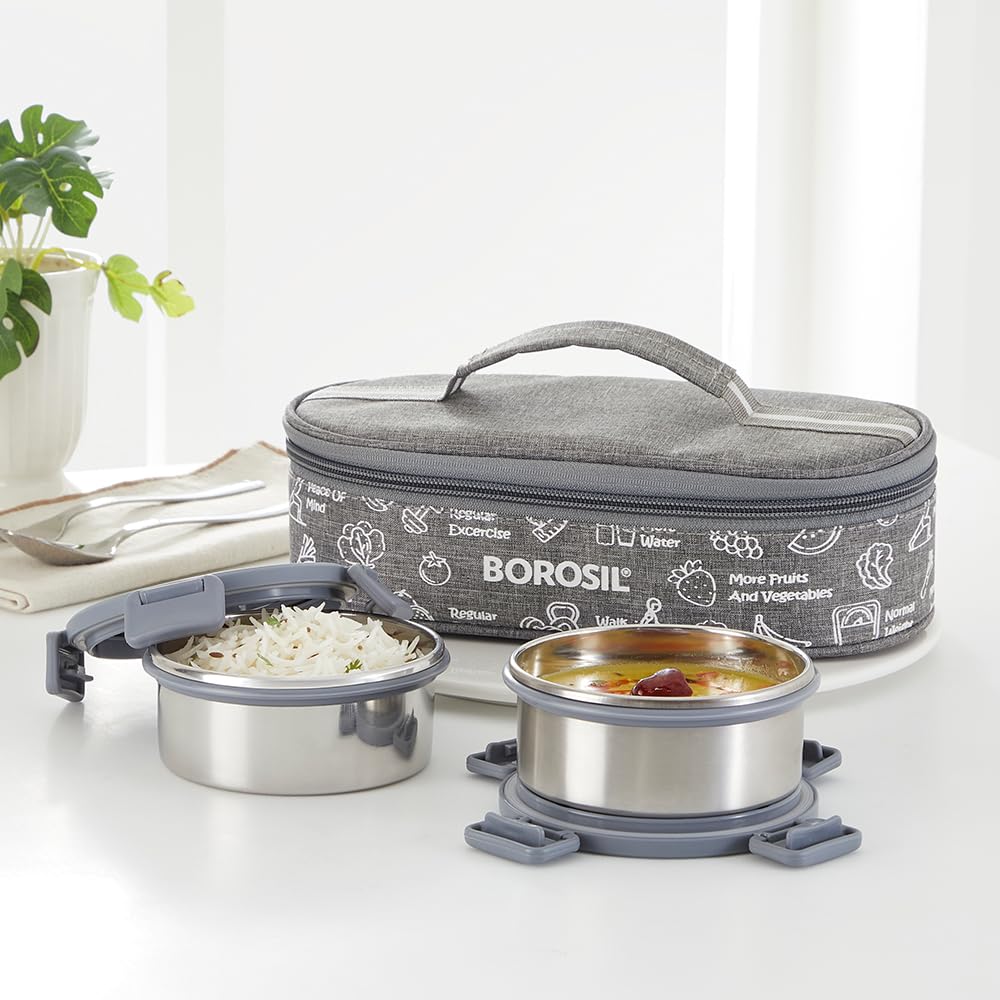 Buy Borosil Slate Stainless Steel Lunch Box with Bag | 2pc Round ...