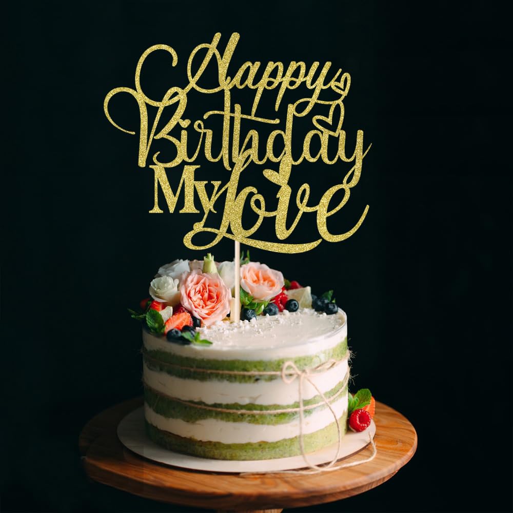 Snapklik.com : Naicaek Gold Glitter Happy Birthday My Love Cake Topper