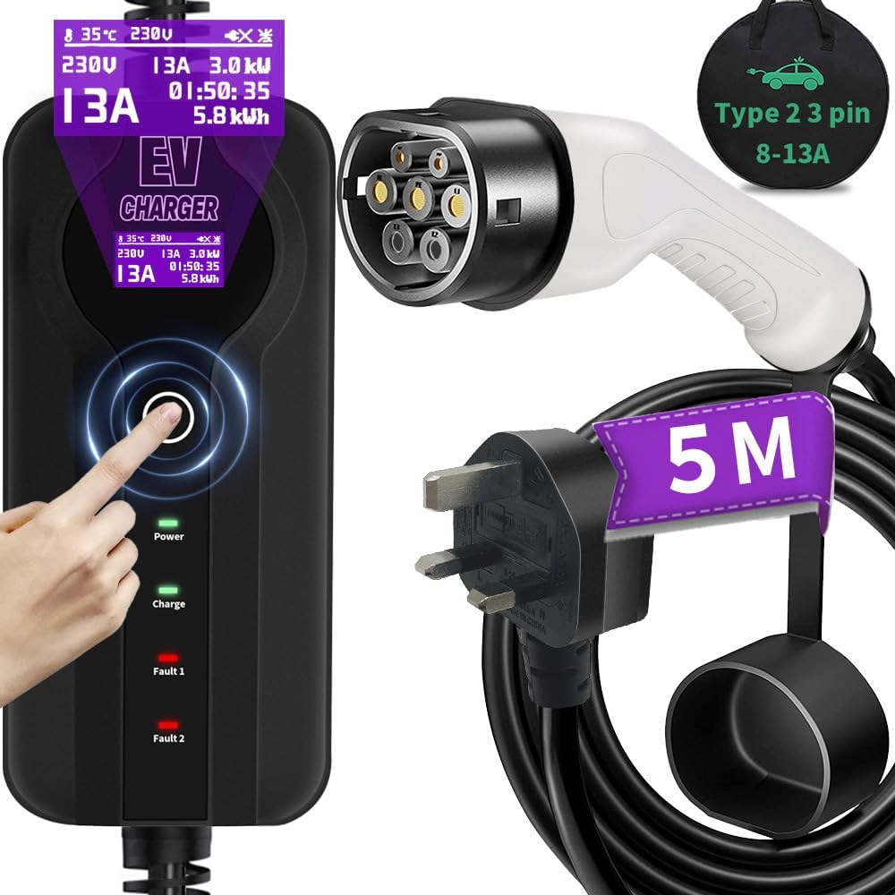 EV Charger Type 2 UK 3 Pin 10 M,Portable 8~13A Type 2 Charging Cable ...