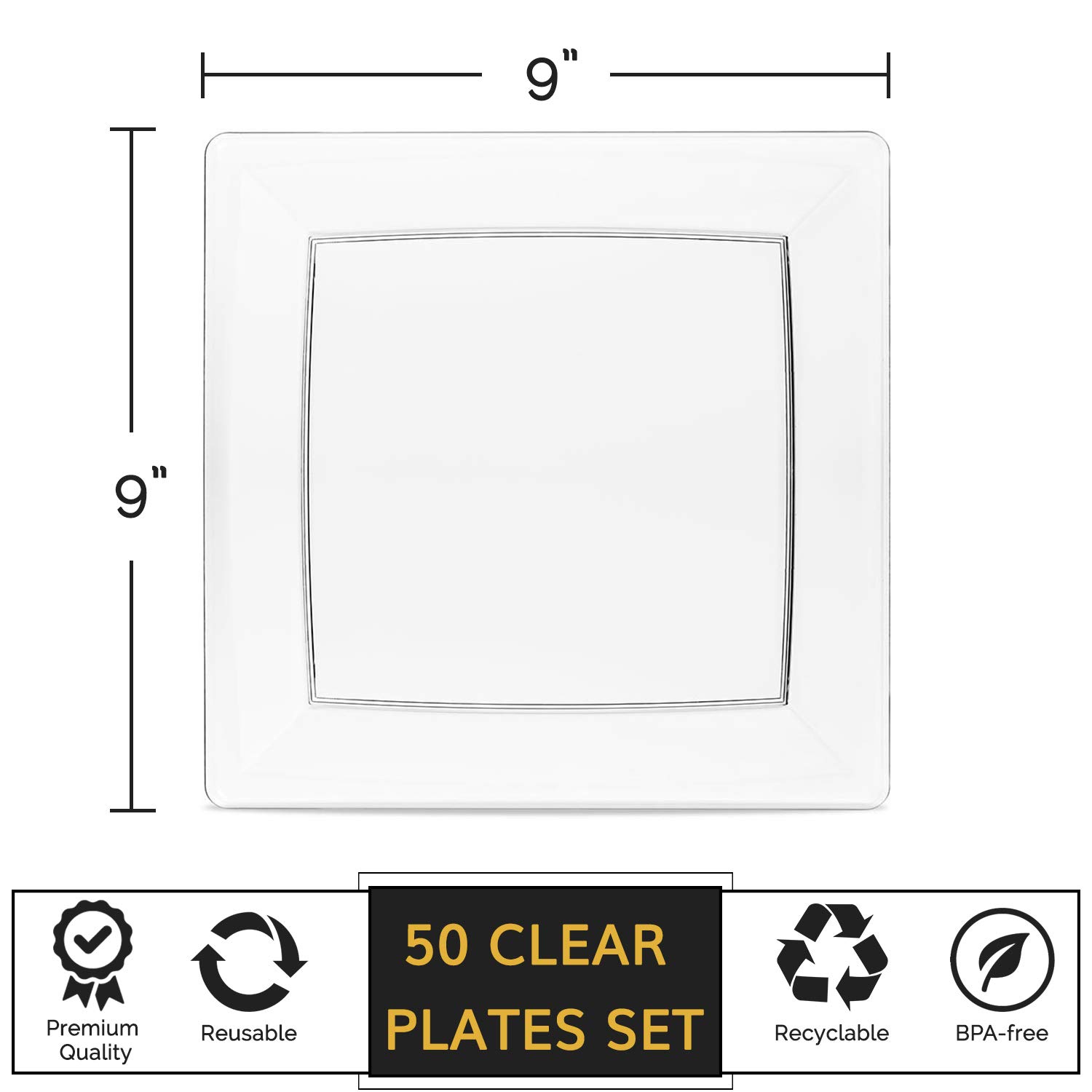 Oasis Creations Clear Square Plates Set 9" - 50 Count - Premium Hard ...