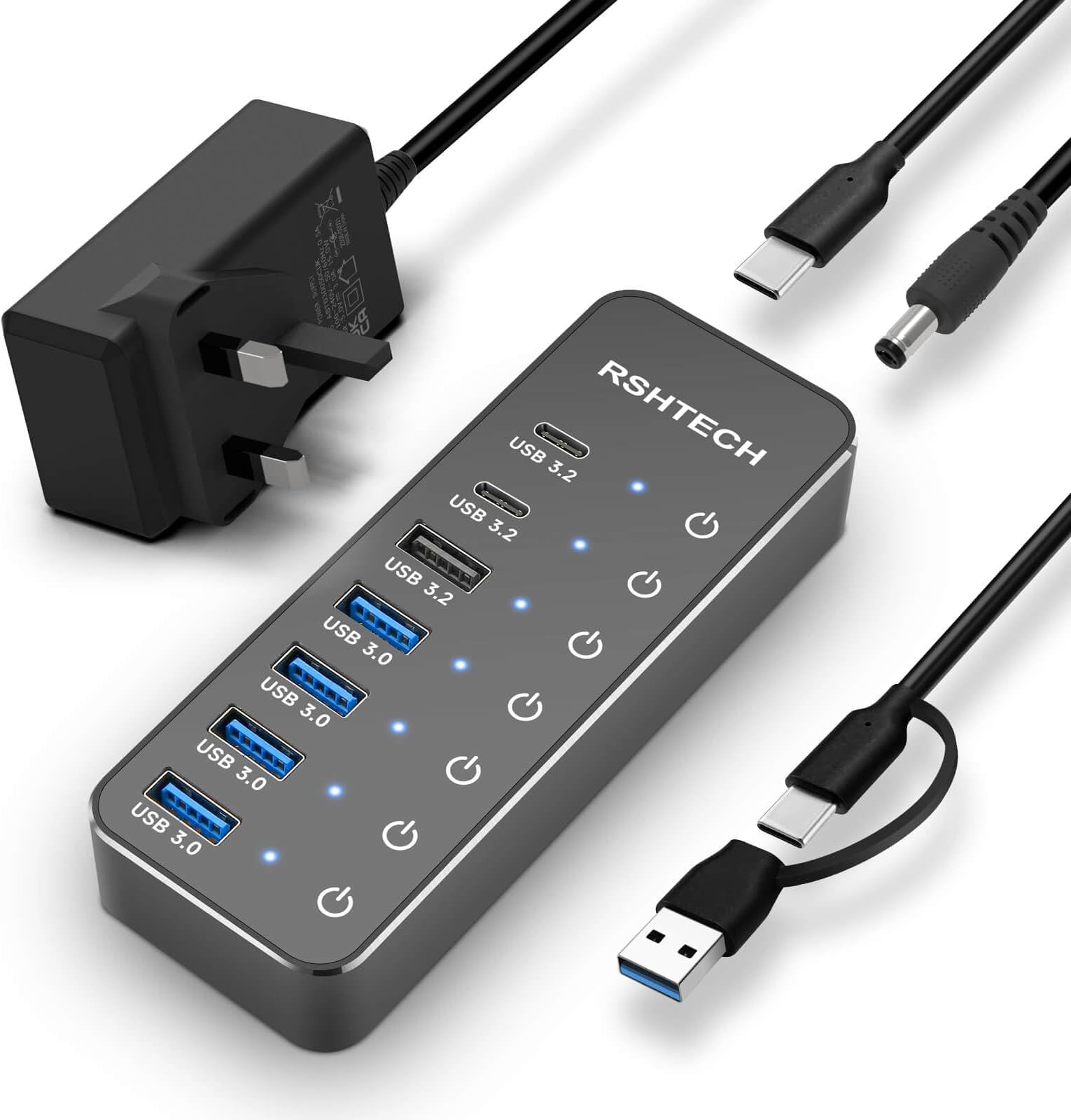 RSHTECH Powered USB Hub 3.1/3.2 Gen2, 7-Port USB C Hub with 10Gbps USB ...