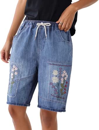 Women's High Waisted Jean Shorts Casual Drawstring Elastic Waist Knee ...