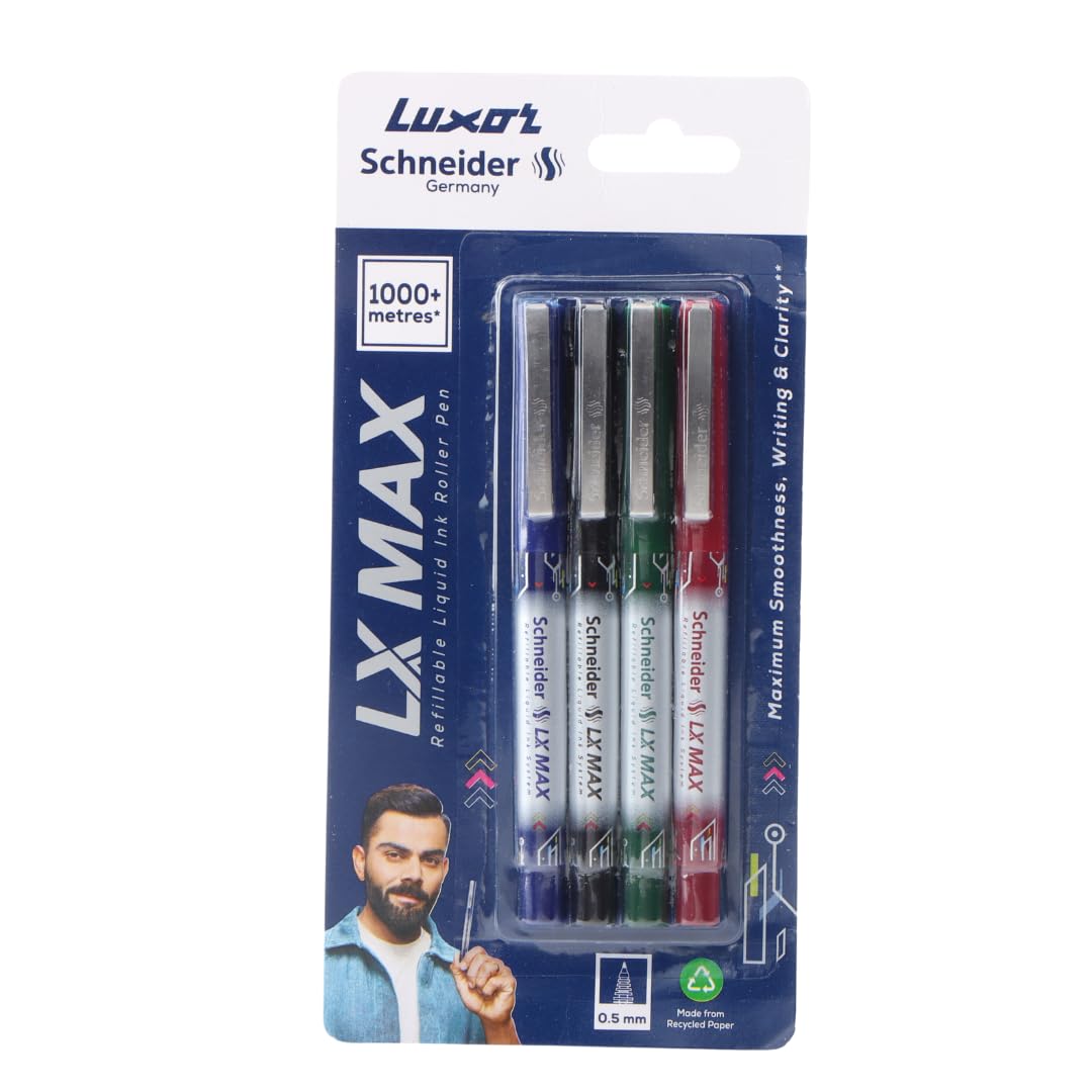 Luxor Schneider LX-MAX roller ball pen | Pack of 4 Assorted | Cone Tip ...